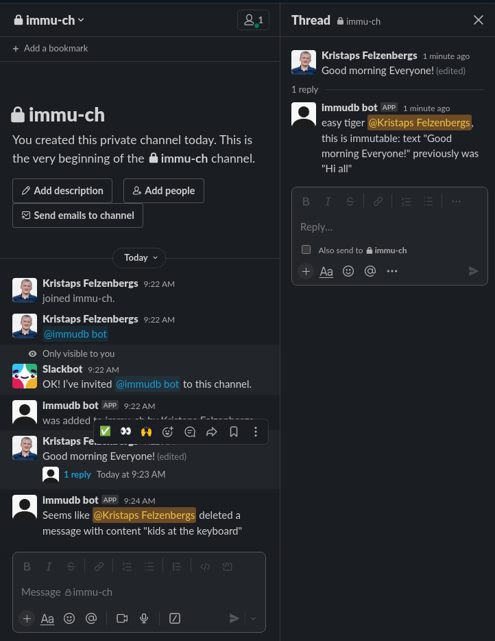 Track Slack content changes in immudb Vault